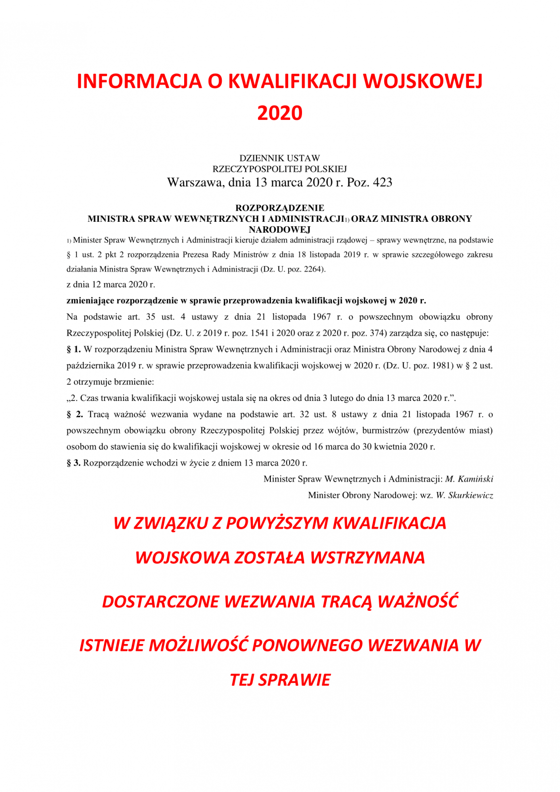 Informacja o Kwalifikacji Wojskowej 2020 | Urząd Gminy Czarnków